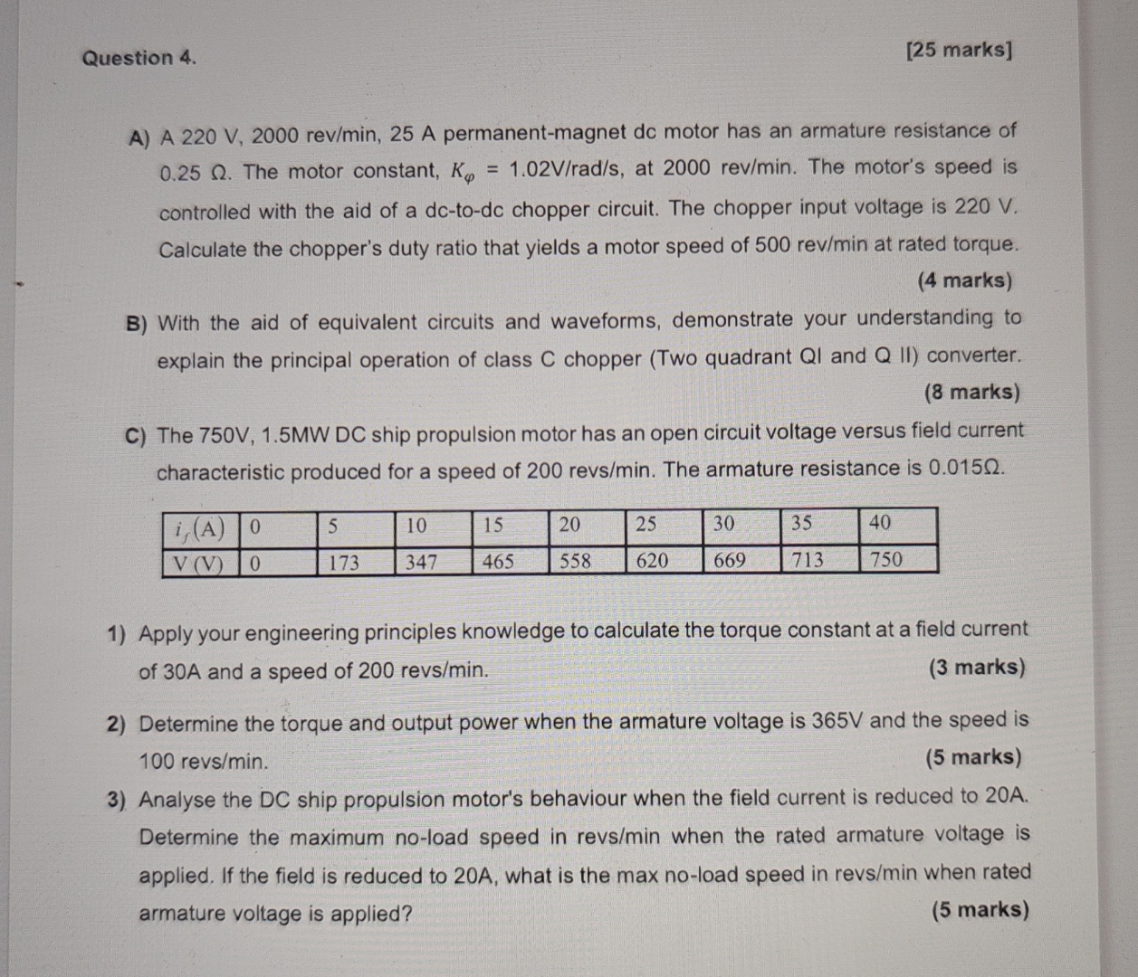 Solved Question 4.[25 ﻿marks]A) ﻿A 220V,2000revmin,25 ﻿A | Chegg.com