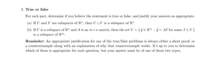 Solved 3. True or false For each part, determine if you | Chegg.com