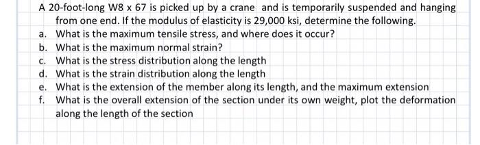 Solved A 20 -foot-long W8 ×67 is picked up by a crane and is | Chegg.com