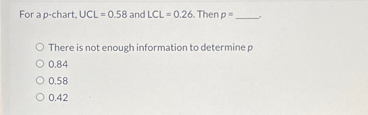 Solved For a p-chart, UCL=0.58 ﻿and LCL=0.26. ﻿Then p=There | Chegg.com