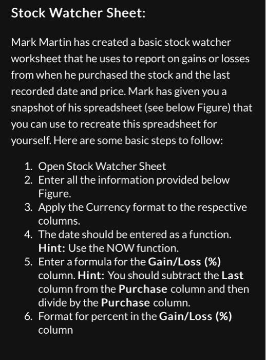 Solved Stock Watcher Sheet: Mark Martin has created a basic | Chegg.com