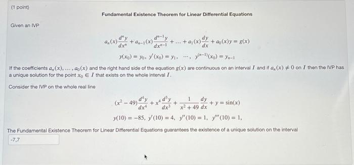 Solved (1 point) Fundamental Existence Theorem for Linear | Chegg.com