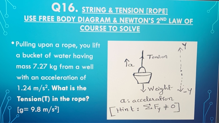 Solved Q16. STRING & TENSION (ROPEL USE FREE BODY DIAGRAM & | Chegg.com