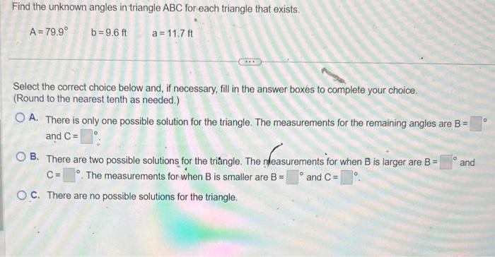 Solved Find the unknown angles in triangle ABC for each | Chegg.com
