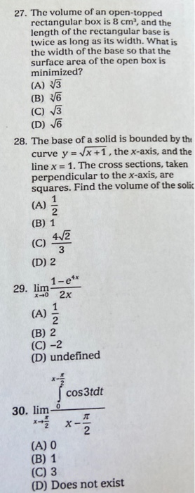 Solved 27. The volume of an open-topped rectangular box is 8 | Chegg.com