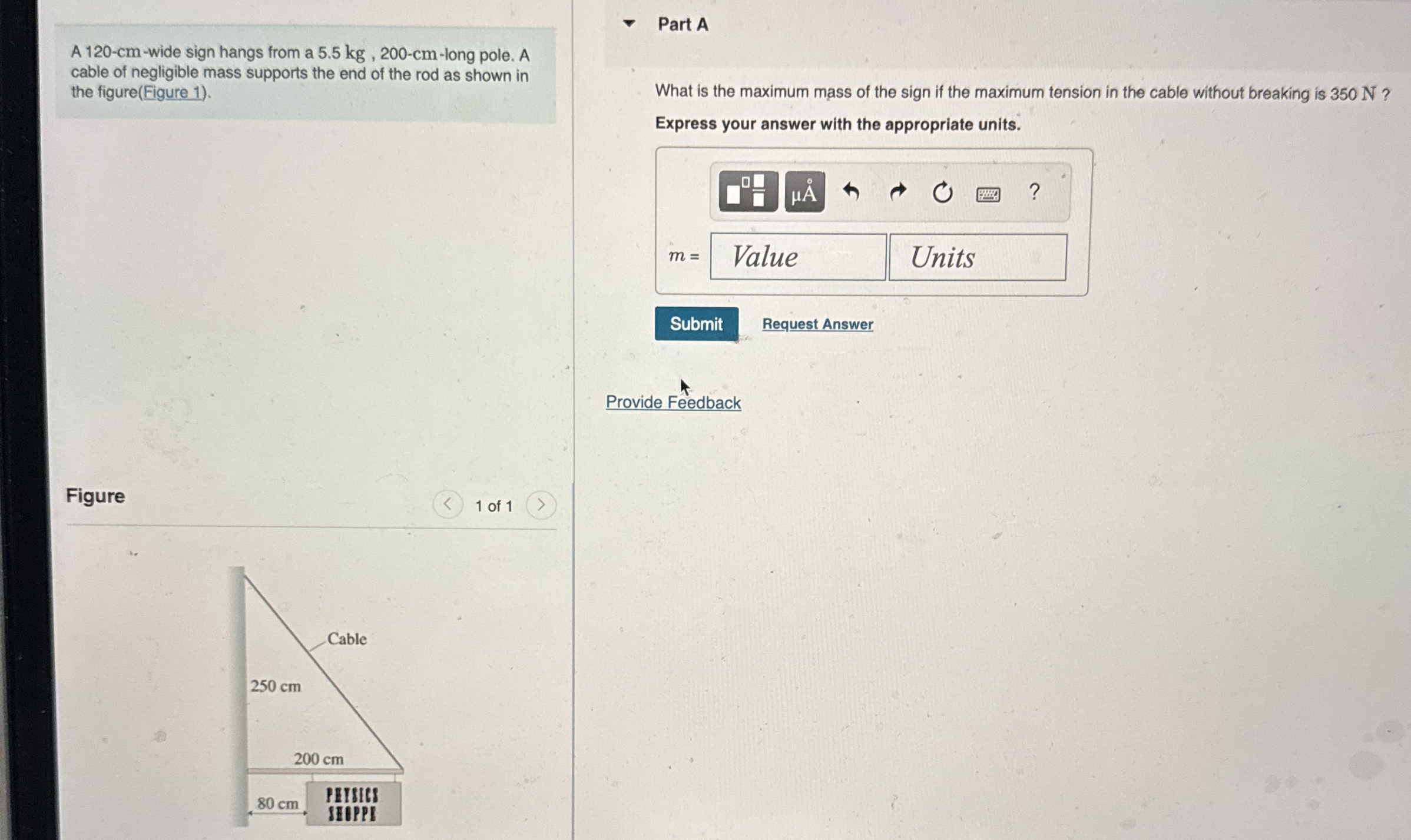 Solved A 120 - ﻿cm -wide sign hangs from a 5.5kg,200-cm-long | Chegg.com