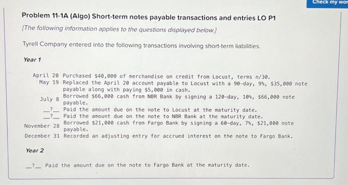 Solved Problem 11-1A (Algo) Short-term notes payable | Chegg.com