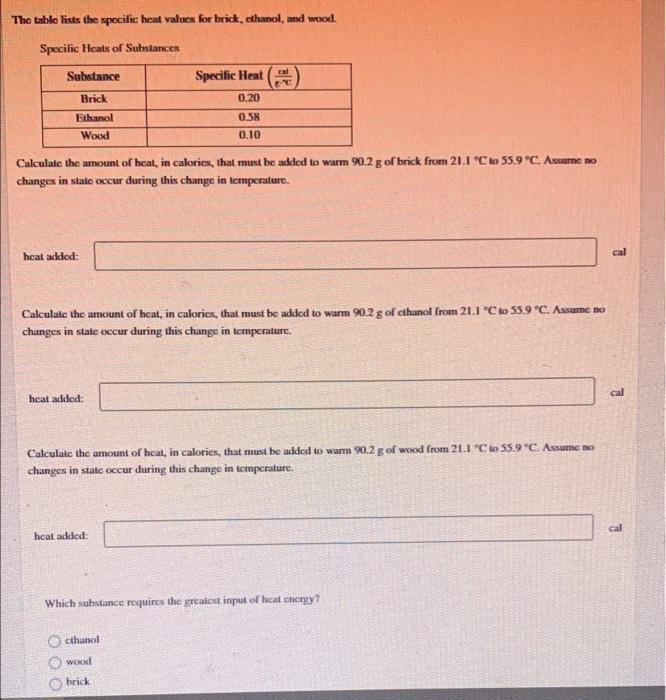 Solved The table lists the specific heat values for brick, | Chegg.com