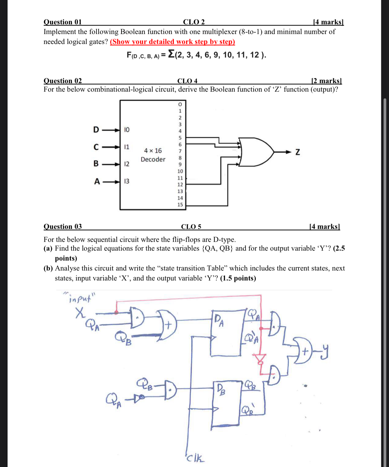 Solved Question 01CLO 2|~4| ﻿marksImplement the following | Chegg.com