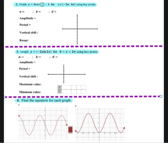 Solved y=4cos(2x)−1 for x∈[−3π,6π);b=d= tude = 1= al shift : | Chegg.com