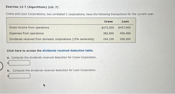 Solved Exercise 12-7 (Algorithmic) (LO. 7) Crane and Loon | Chegg.com