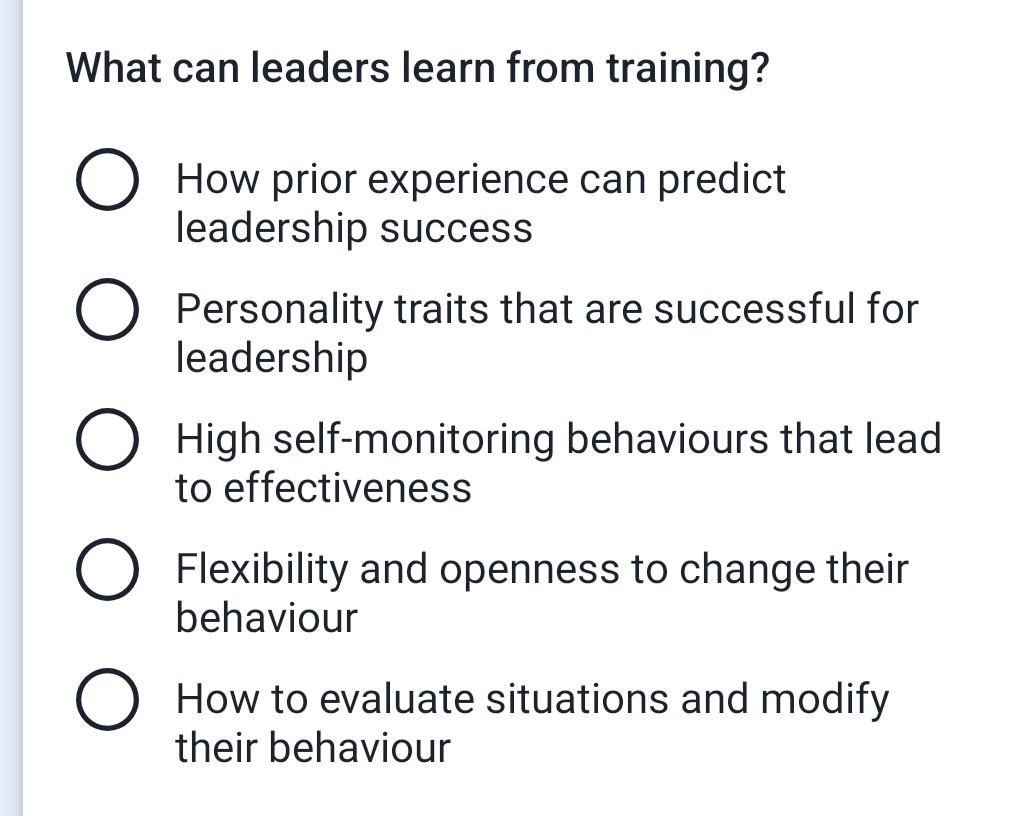 Solved What can leaders learn from training? How prior | Chegg.com