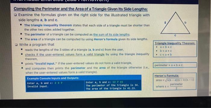 Solved Computing the Perimeter and the Area of a Triangle | Chegg.com