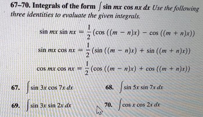 Solved 67-70. Integrals of the form sin mx cos nx dx Use the | Chegg.com