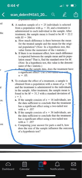 Solved 10. To evaluate the effect of a treatinent, a sampue | Chegg.com