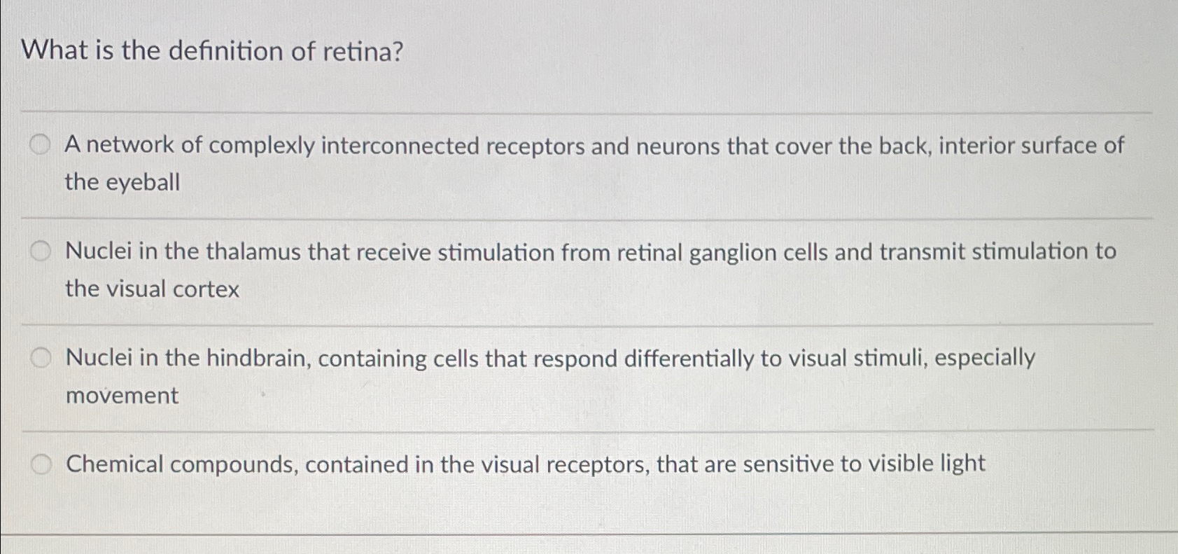 Solved What is the definition of retina?A network of | Chegg.com