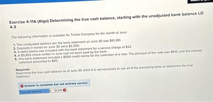 Solved Exercise 4-12A (Algo) Determining the true cash | Chegg.com