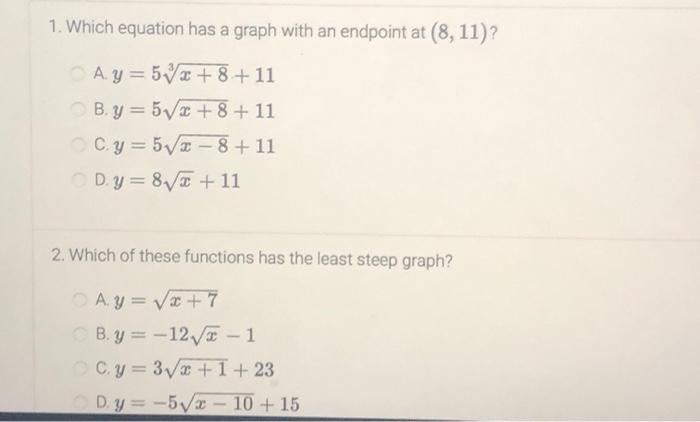 Solved 1. Which equation has a graph with an endpoint at (8, | Chegg.com