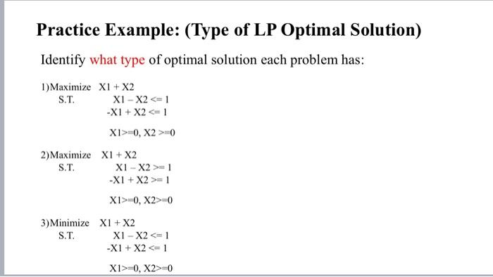 Solved Practice Example: (Type of LP Optimal Solution) | Chegg.com