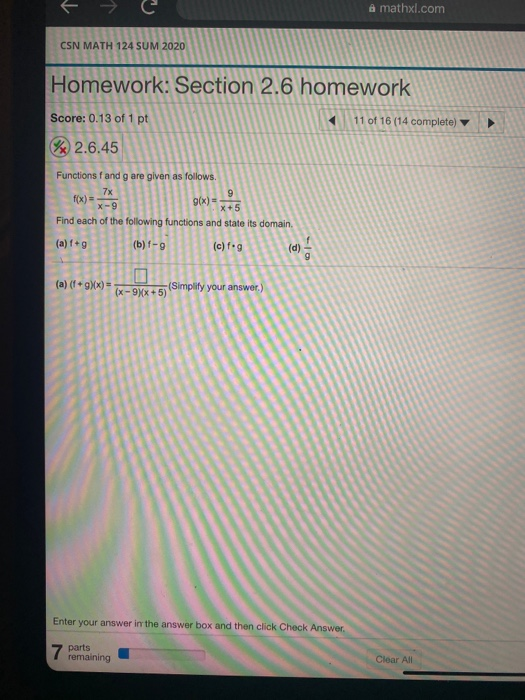 Solved + A mathxl.com CSN MATH 124 SUM 2020 Homework: | Chegg.com