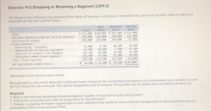 Solved Exercise 11-2 Dropping or Retaining a Segment | Chegg.com