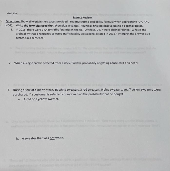 Solved Math 130 Exam 2 Review Directions: Show all work in | Chegg.com