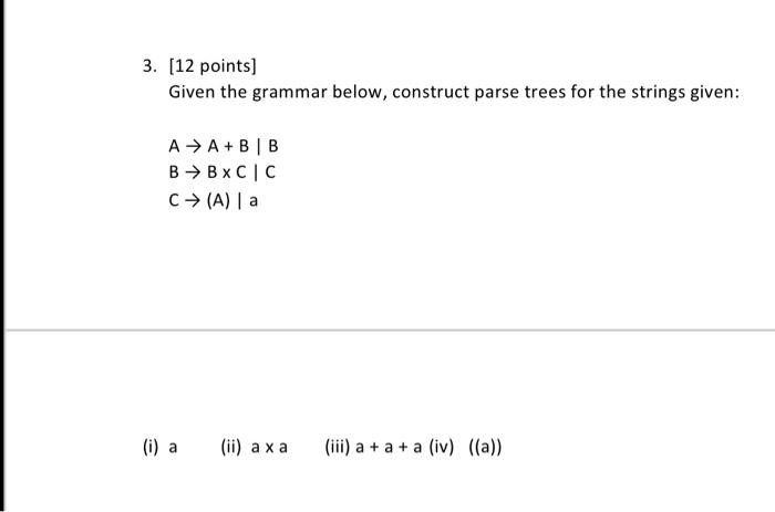Solved 3. [12 points] Given the grammar below, construct | Chegg.com