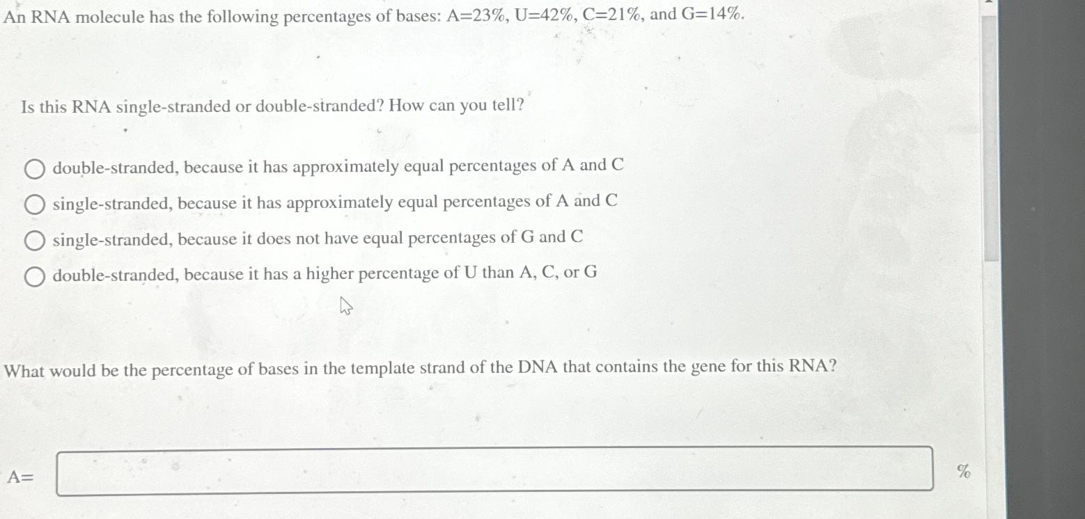 Solved An RNA molecule has the following percentages of | Chegg.com