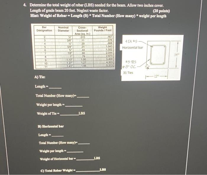 Determine the total weight of rebar (LBS) needed for | Chegg.com