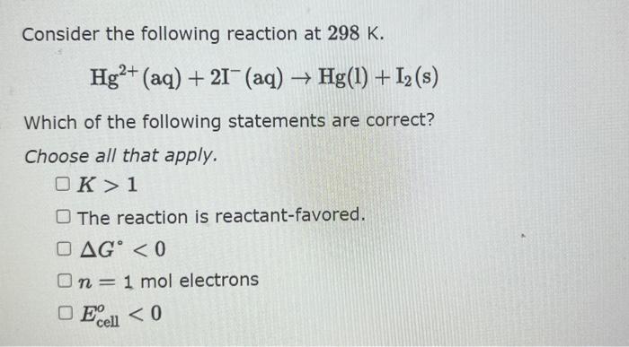 Solved Consider the following reaction at 298 K. | Chegg.com