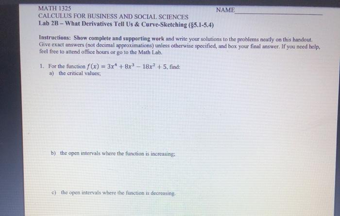 Solved MATH 1325 NAME CALCULUS FOR BUSINESS AND SOCIAL | Chegg.com