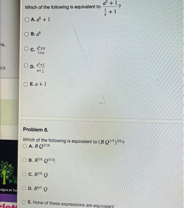 Solved Which of the following is equivalent to a1+1a5+1? A. | Chegg.com