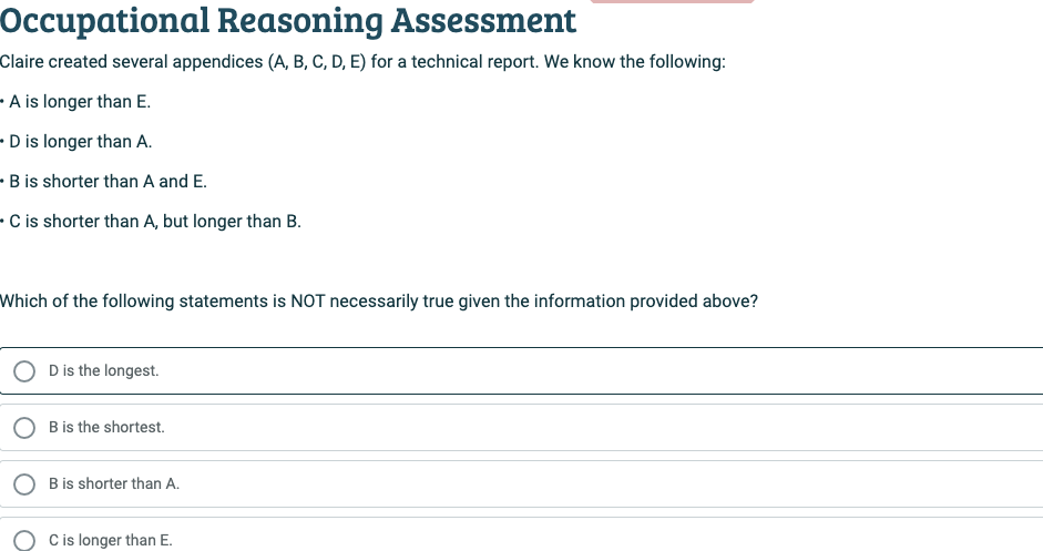 Occupational Reasoning AssessmentClaire created | Chegg.com