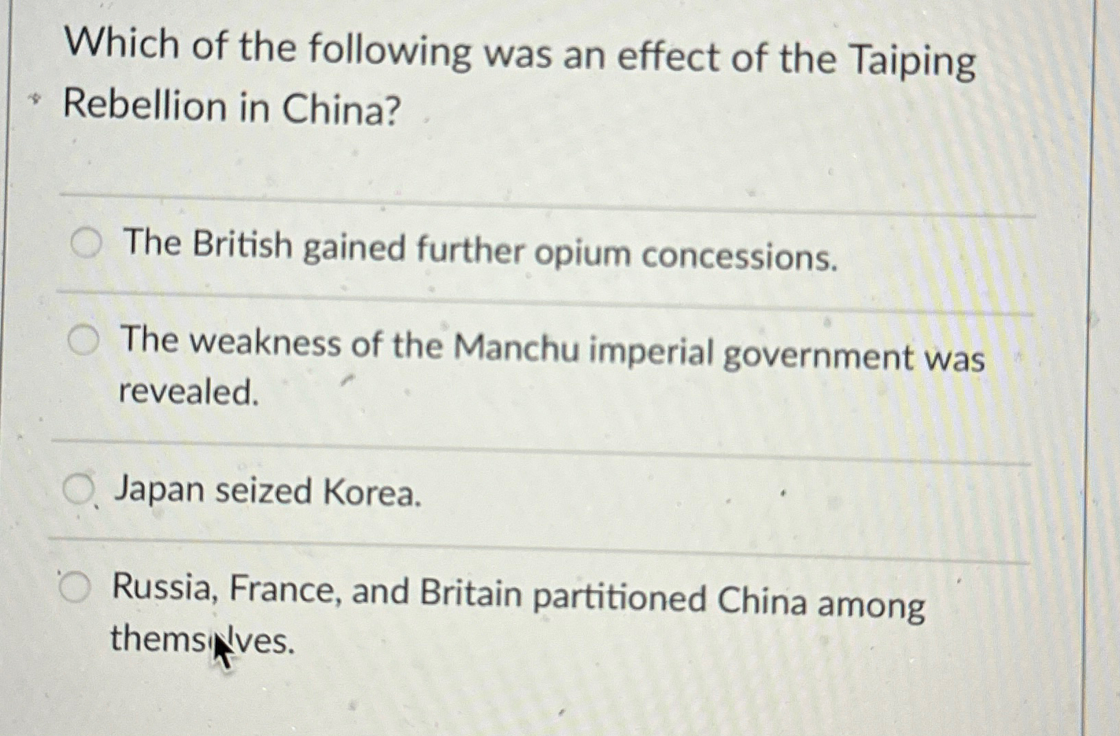 Solved Which of the following was an effect of the Taiping | Chegg.com