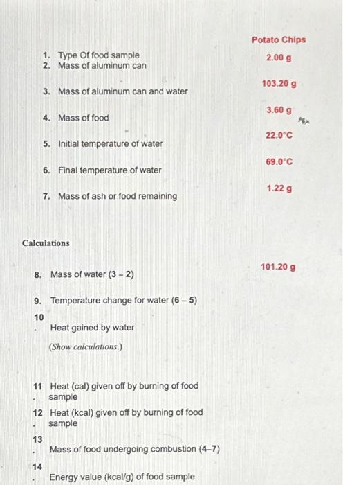 Solved Potato Chips 1. Type Of food sample 2. Mass of | Chegg.com