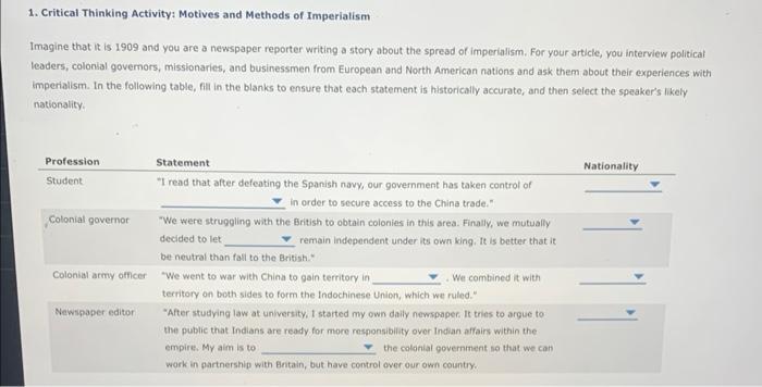 1. Critical Thinking Activity: Motives and Methods of | Chegg.com