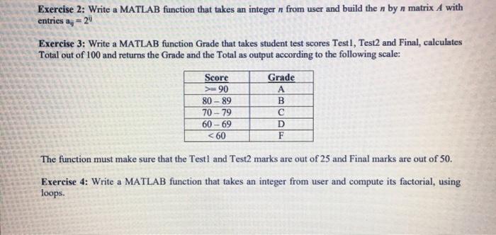 Solved Exercise 2: Write a MATLAB function that takes an | Chegg.com