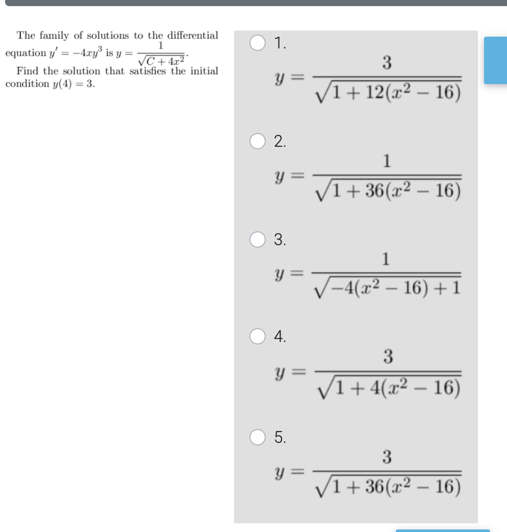 Solved y=31+12(x2-16)2y=11+36(x2-16)2y=1-4(x2-16)+12y=31+4(x | Chegg.com