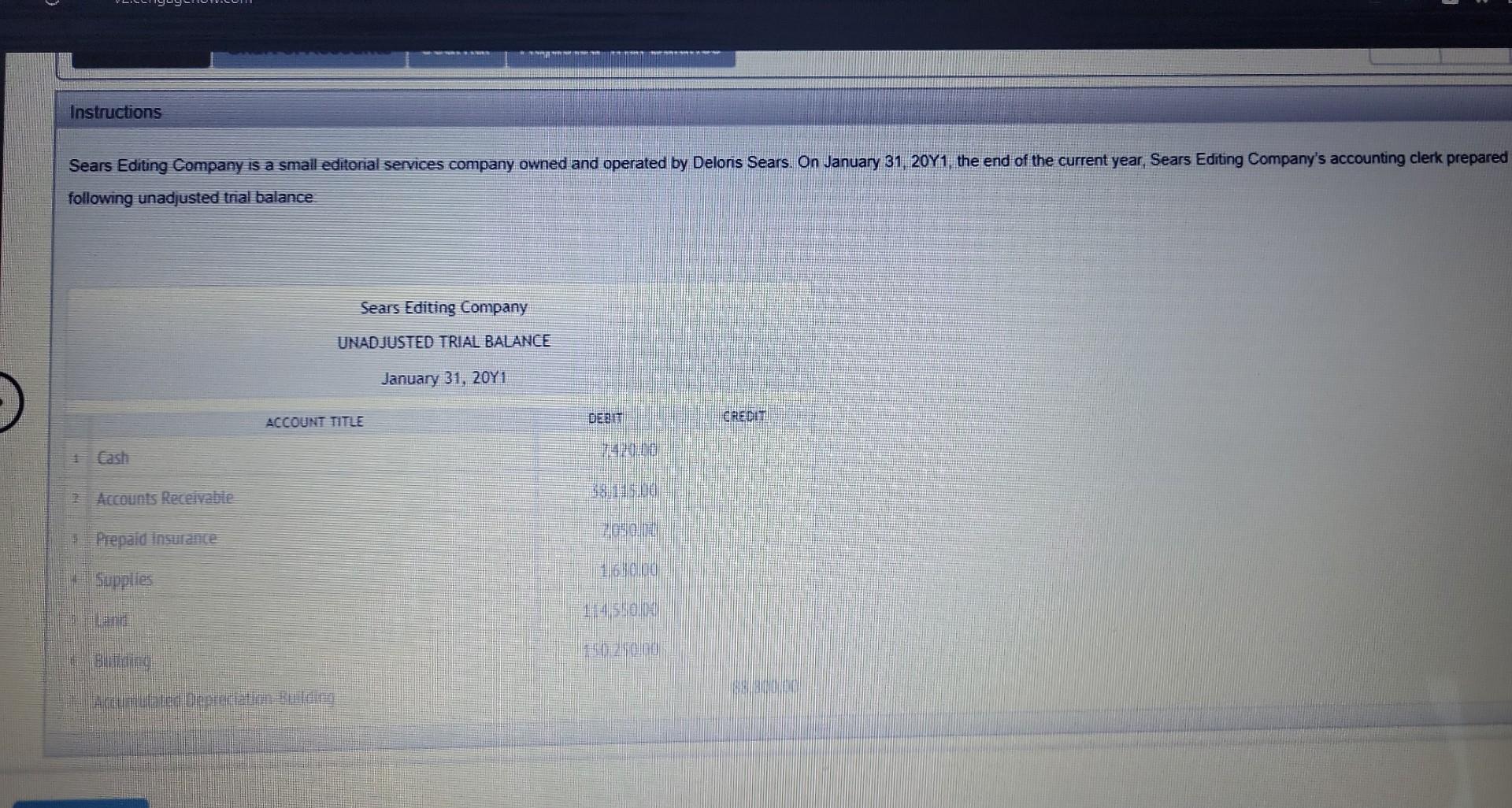 Solved following unadjusted trial balance:Sears Editing | Chegg.com