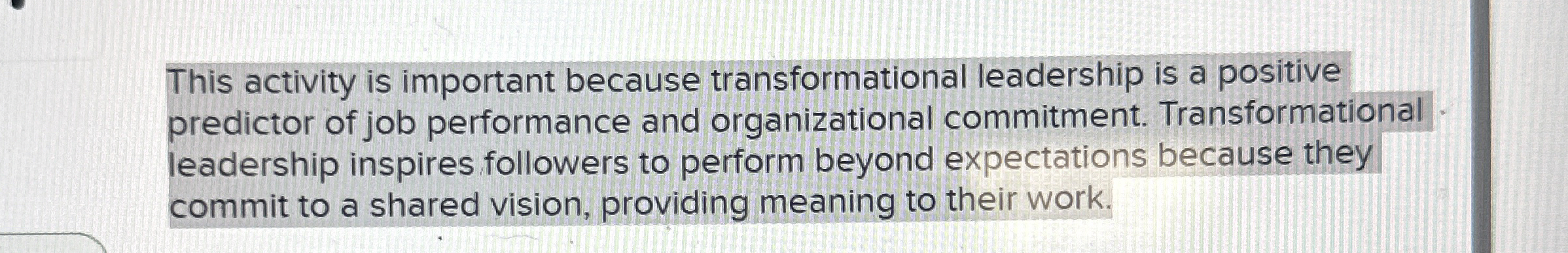 High Quality SOLUTION This activity is important because transformational | Chegg.com