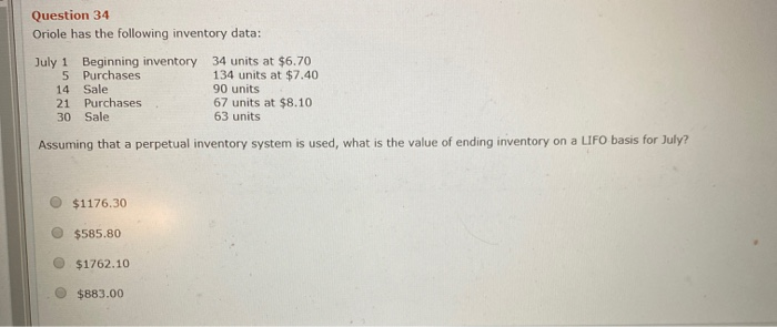 Solved Question 34 Oriole has the following inventory data: | Chegg.com