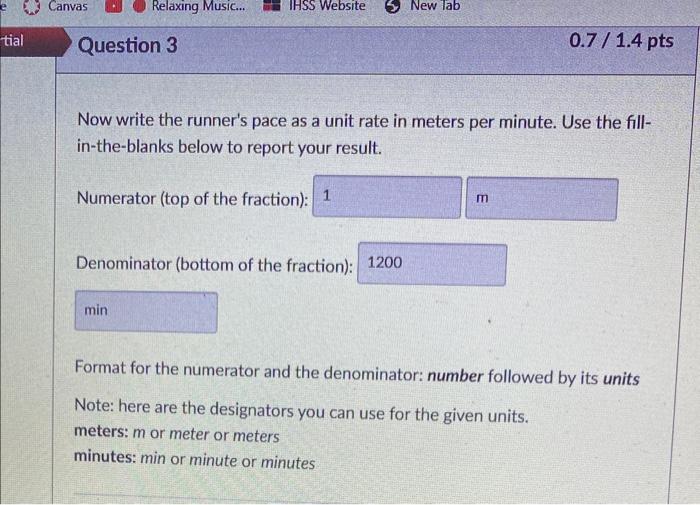 Solved Now write the runner's pace as a unit rate in meters | Chegg.com