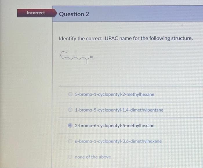 Solved Incorrect Question 1 Identify the correct IUPAC name | Chegg.com