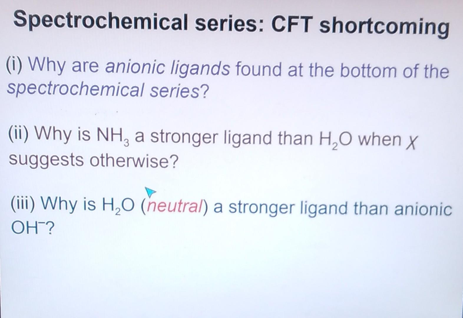 Solved Spectrochemical series: CFT shortcoming (i) Why are | Chegg.com