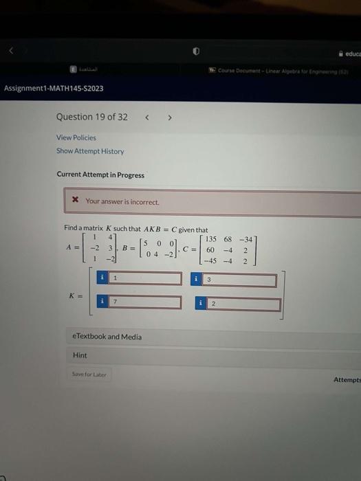 Solved Find the elementary matrix E1 such that E1A=B where | Chegg.com