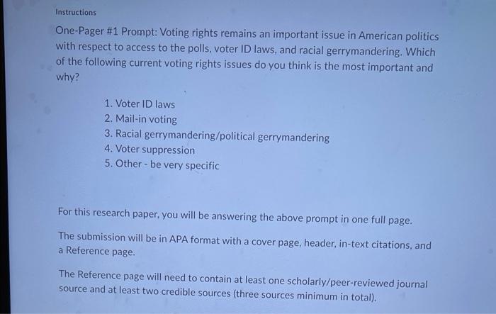 One-Pager #1 Prompt: Voting rights remains an | Chegg.com