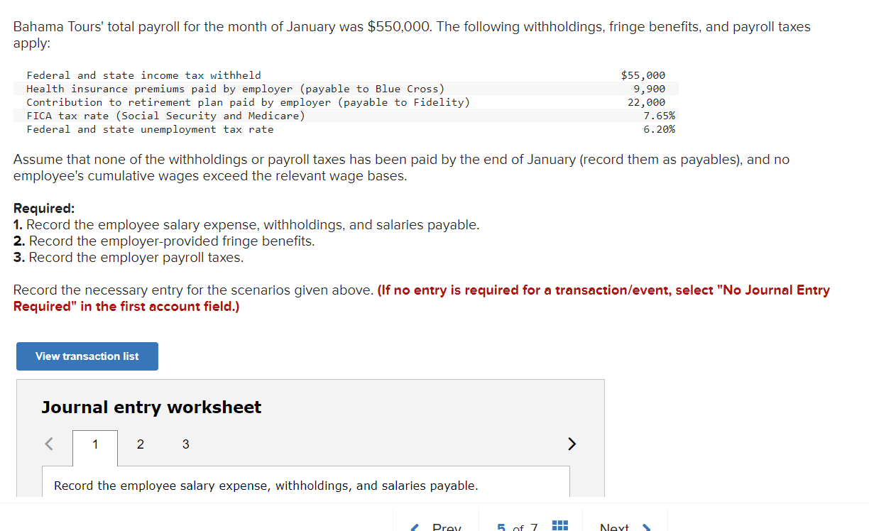 Solved Bahama Tours' total payroll for the month of January | Chegg.com