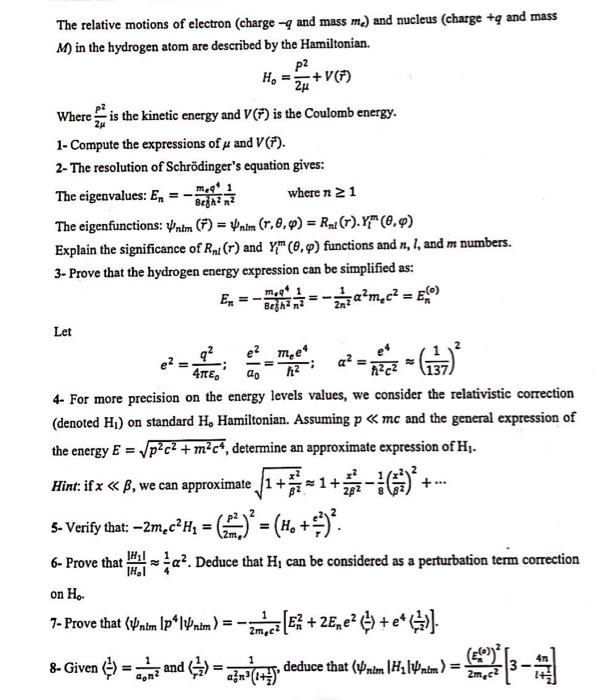 Solved The relative motions of electron (charge −q and mass | Chegg.com