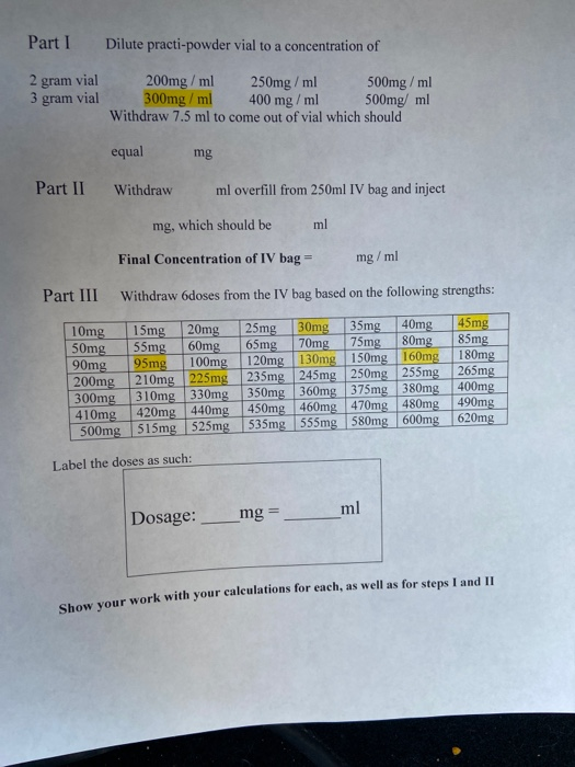 Part 1 Dilute practi-powder vial to a concentration | Chegg.com