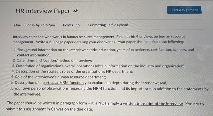 Solved HR Interview Paper A Start Assignment Due Sunday by | Chegg.com